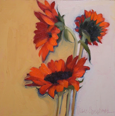 Diane Hoeptner: Party Flowers Painting of Red Sunflowers