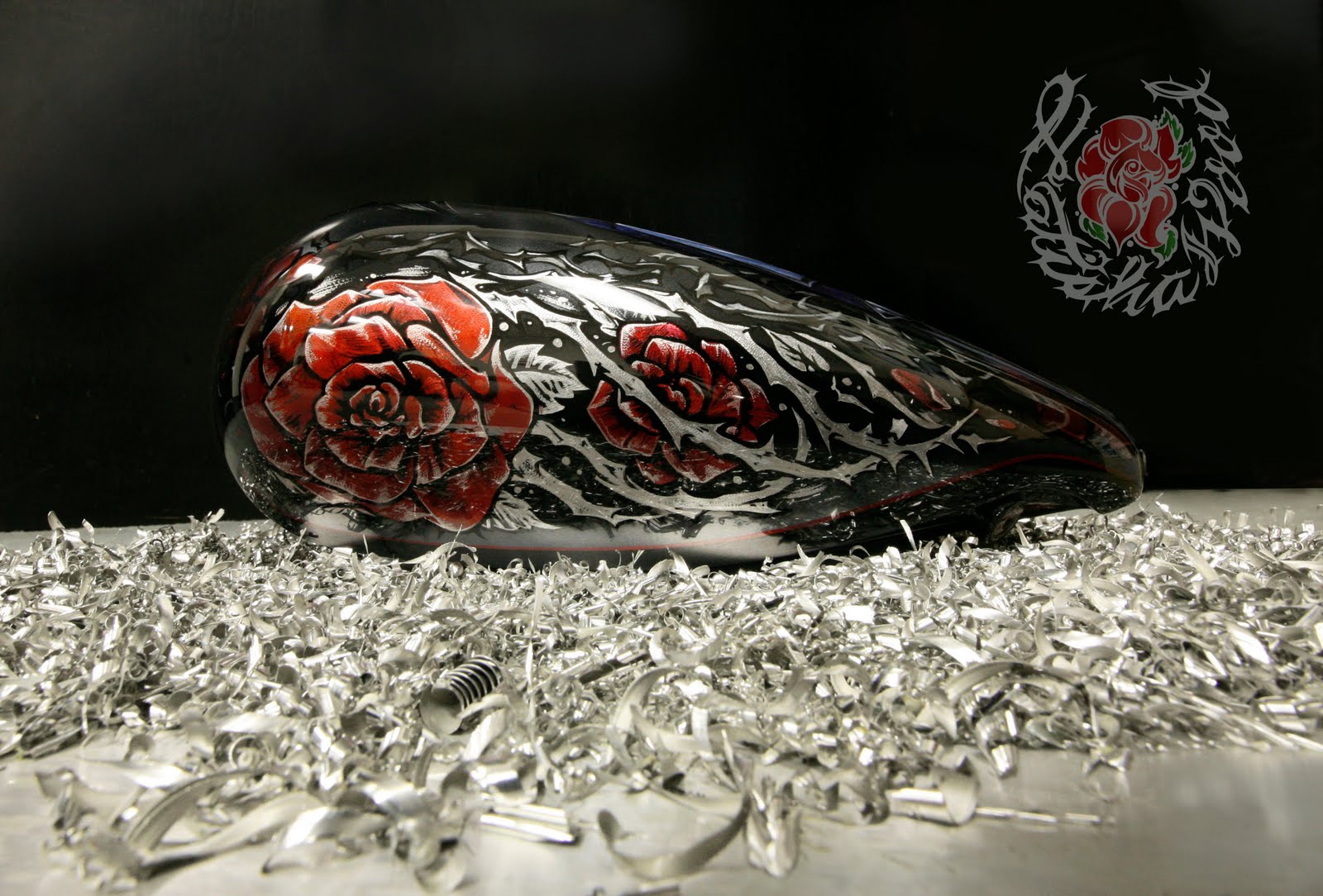 LATISHA WOOD: Custom metal etched Chopper tank for Shane Gatoo Customs NY