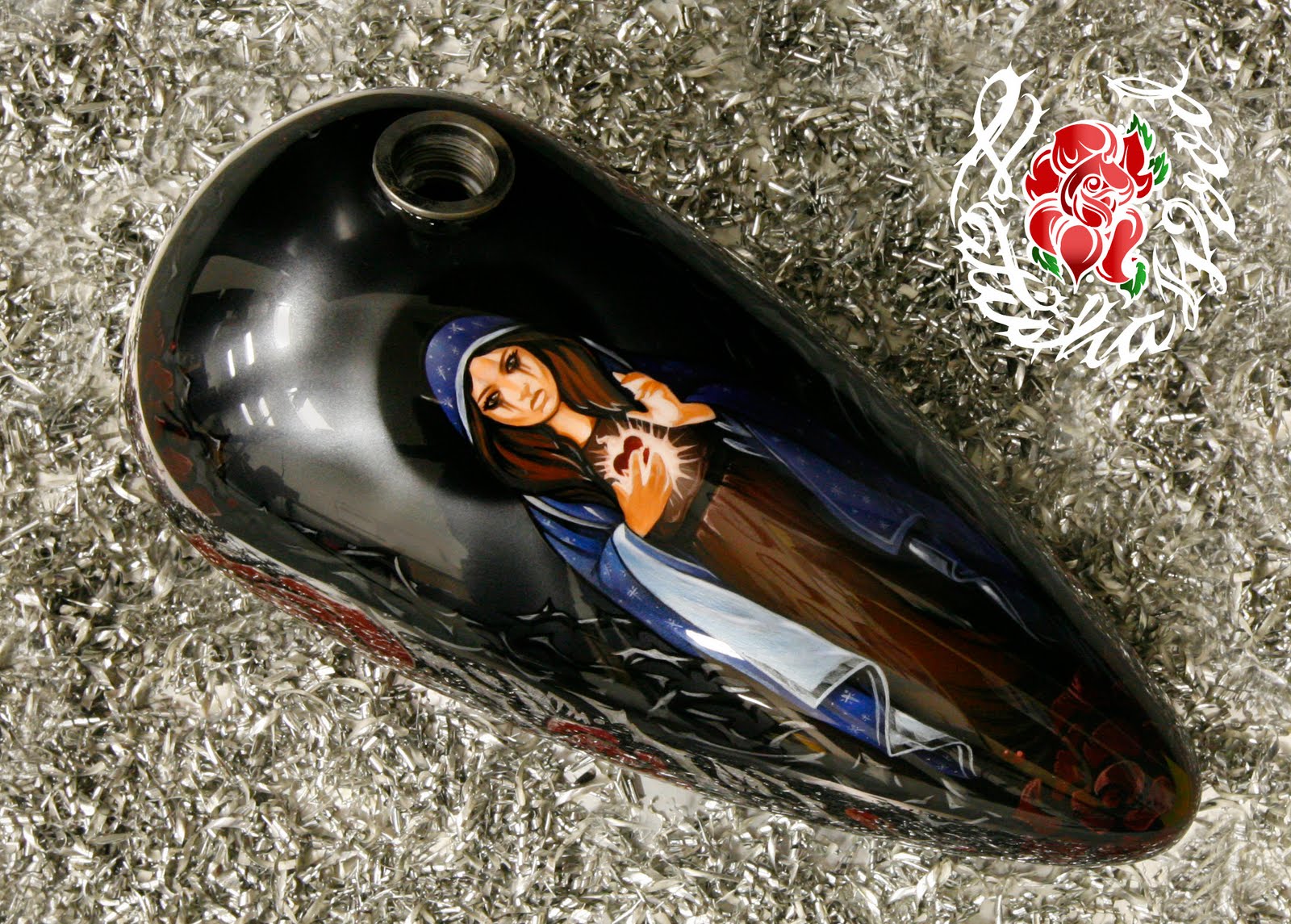 LATISHA WOOD: Custom metal etched Chopper tank for Shane Gatoo Customs NY