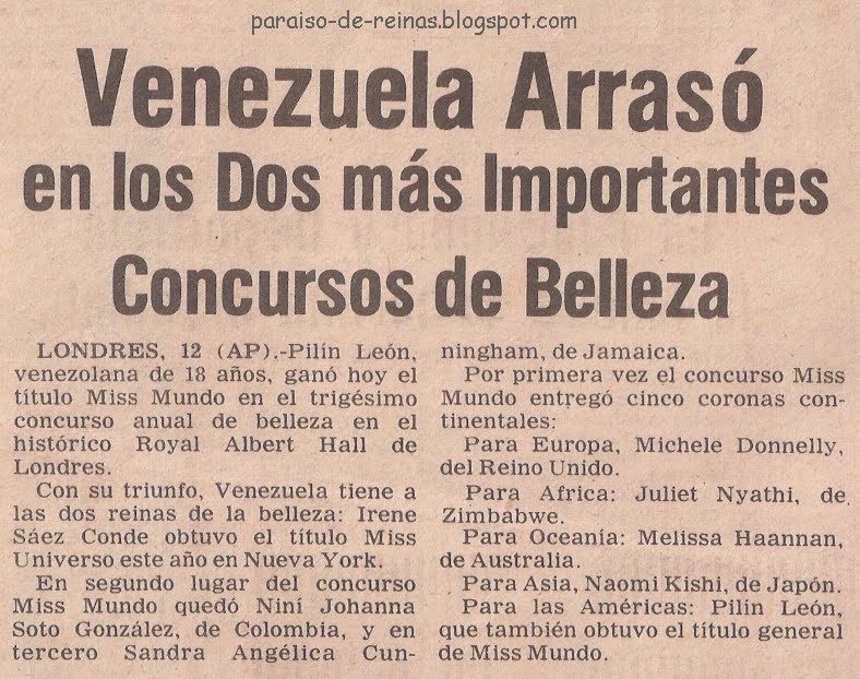 Venezuela: un Paraíso de Reinas: Pilín León, nuestra Miss Mundo 1981