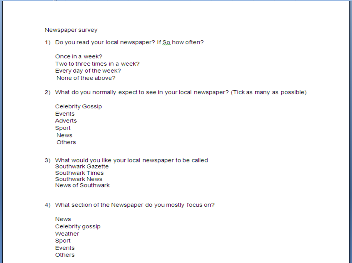 Media A2 Advanced Portfolio: Local Newspaper: Questionnaire/Survey