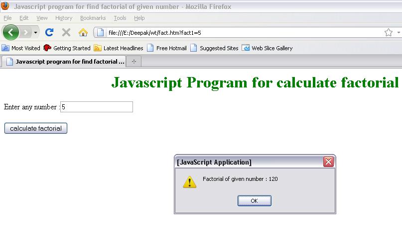 Javascript program to find factorial of given number - Sample Example