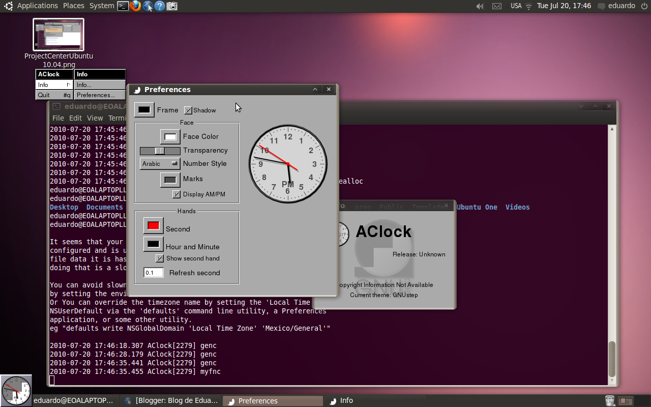 GNUstep ProjectCenter/Gorm/AClock running Ubuntu 10.04