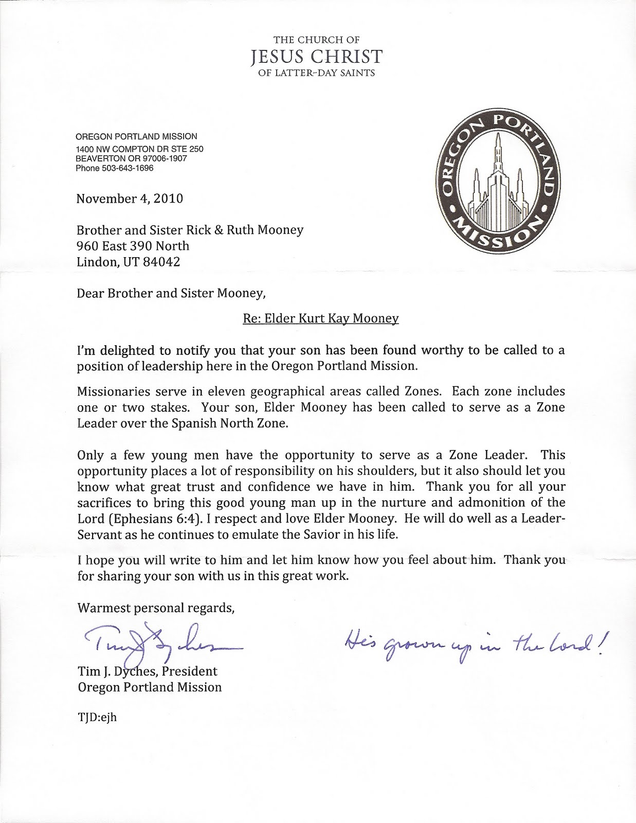 Elder Kurt K. Mooney Oregon Portland Mission: Letter from Pres. Dyches