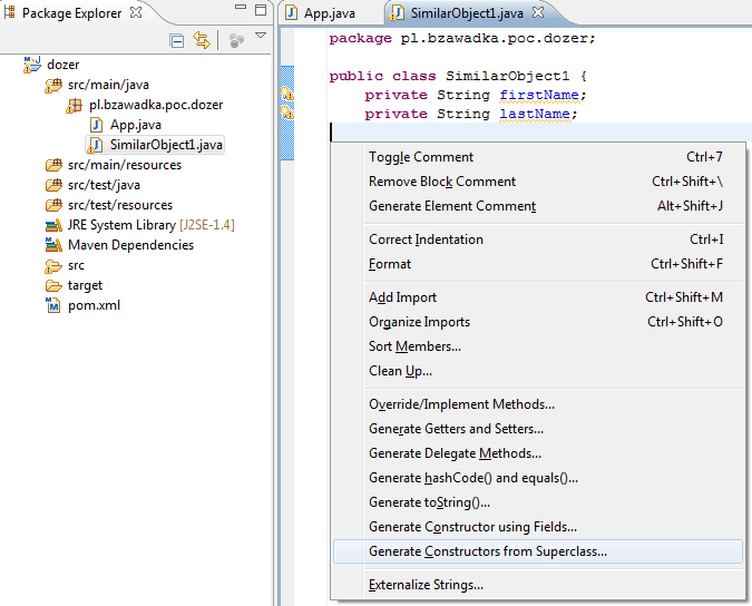dafi on software: How to use Dozer for automatic Java Bean mapping - quickstart with Maven & Eclipse