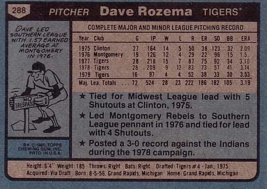 1980 Topps Baseball: #288 Dave Rozema