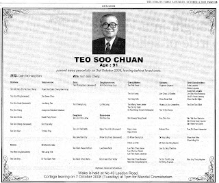 Singapore Obituaries: 081003 张泗川 Teo Soo Chuan