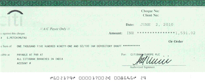 Zero investment: Cheque Proof : CitiBank | Client : S.Petchimuthu