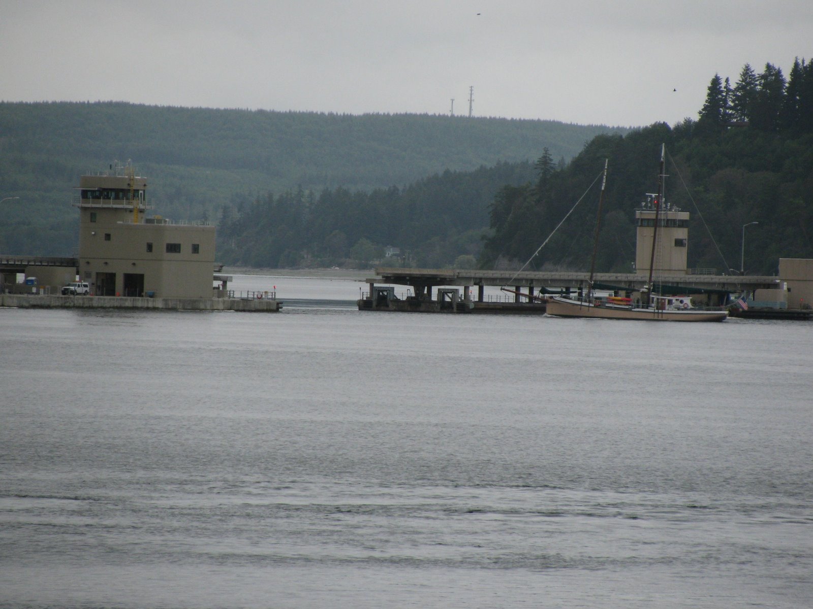 PrunePicker: Hood Canal Floating Bridge opens for tall sail boat.