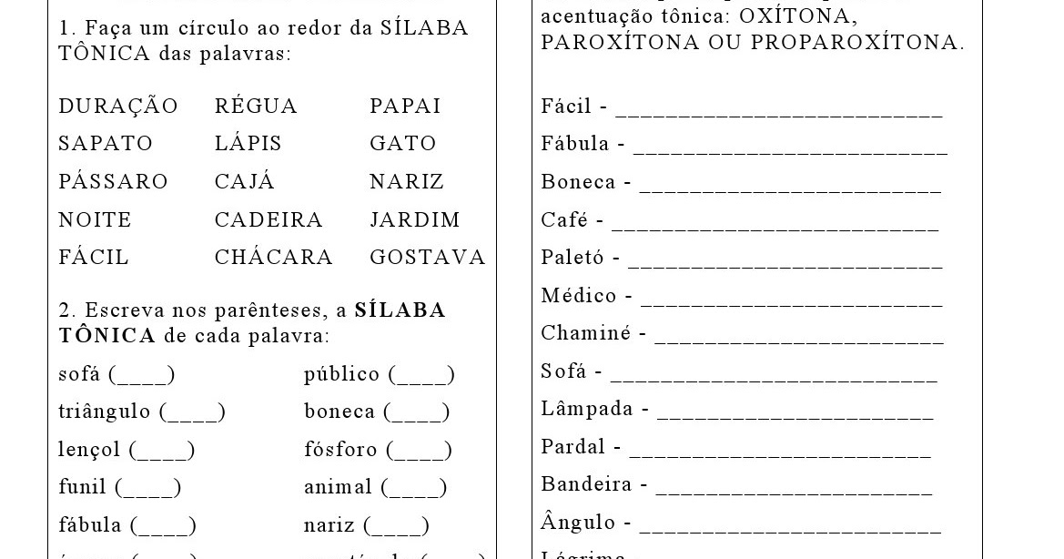 Atividades De Oxítona Paroxítona E Proparoxítona - LIBRAIN