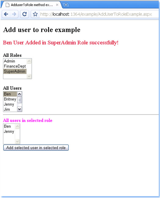 Dot Net Examples: AddUserToRole method Dot Net Examples: AddUserToRole method