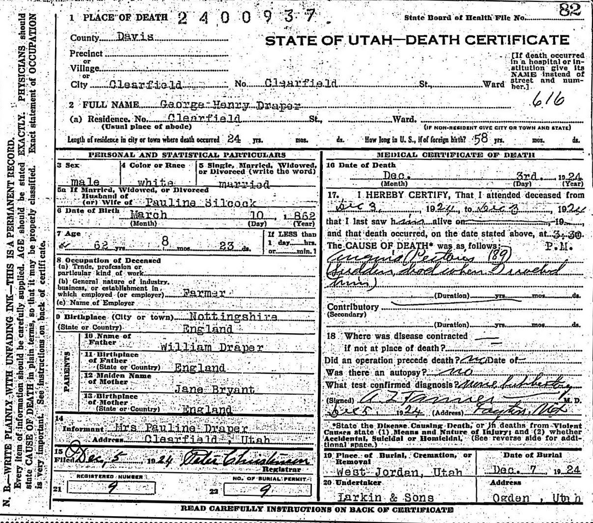 Our Book of Remembrance: George Henry Draper death certificate