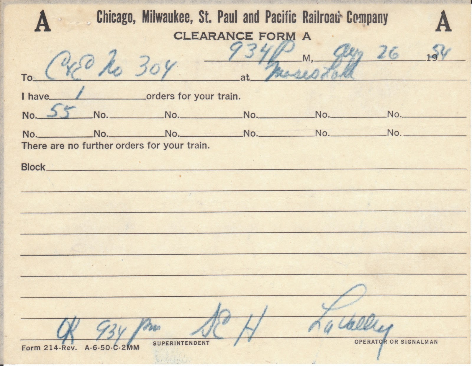Big Bend Railroad History: Moses Lake Trainorder and Clearance Form