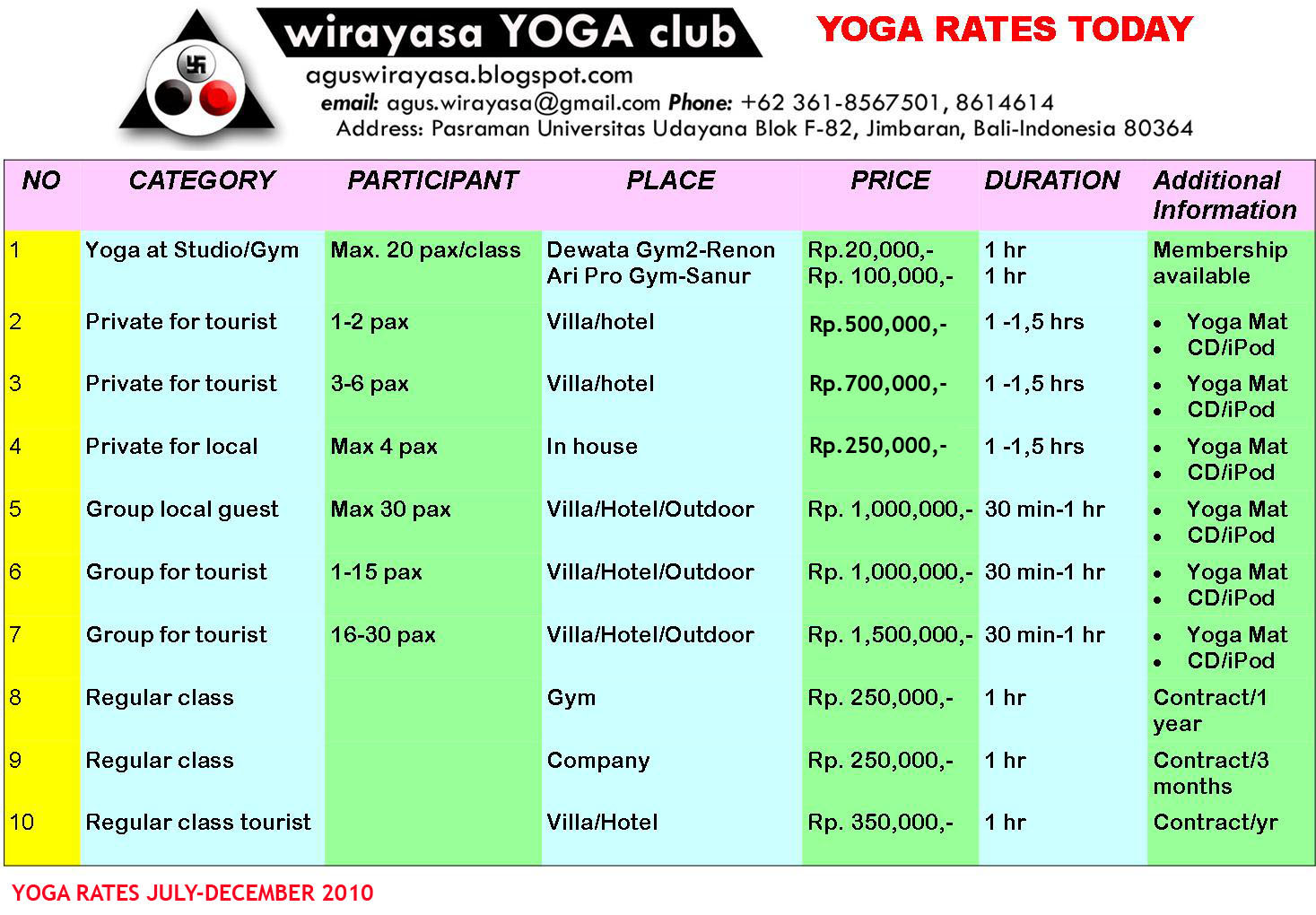 Yoga Rates: Yoga Asanas Club-Bali