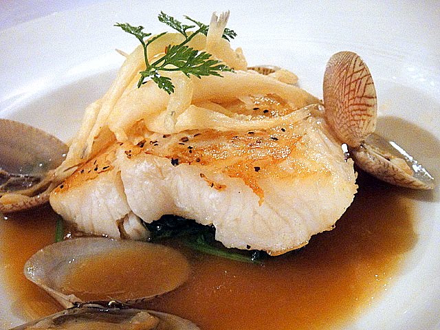 Pan-roasted halibut in miso clam nage & tempura shiraou. A light ...