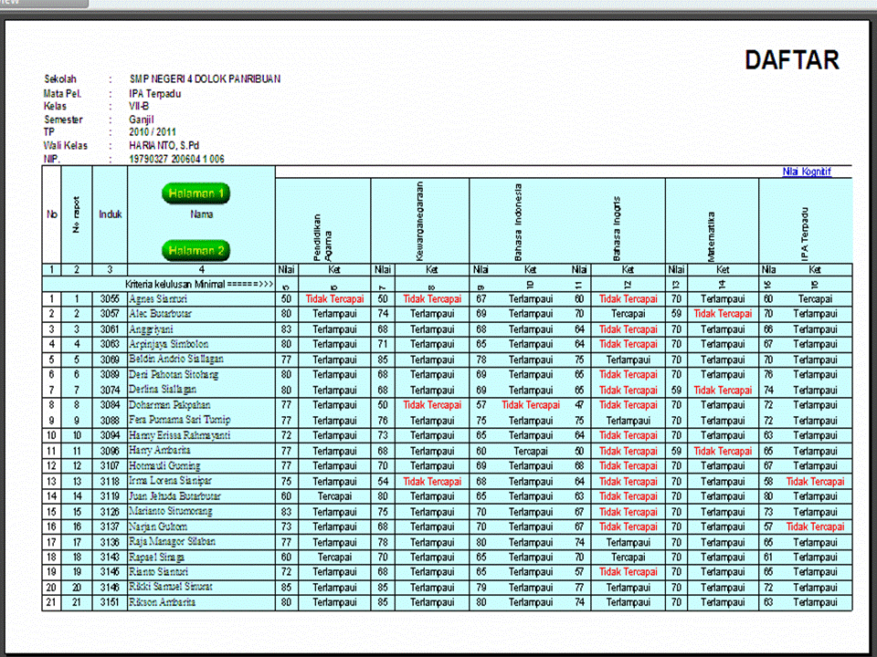 APLIKASI EXCEL UNTUK SEKOLAH: RAPORT BULANAN