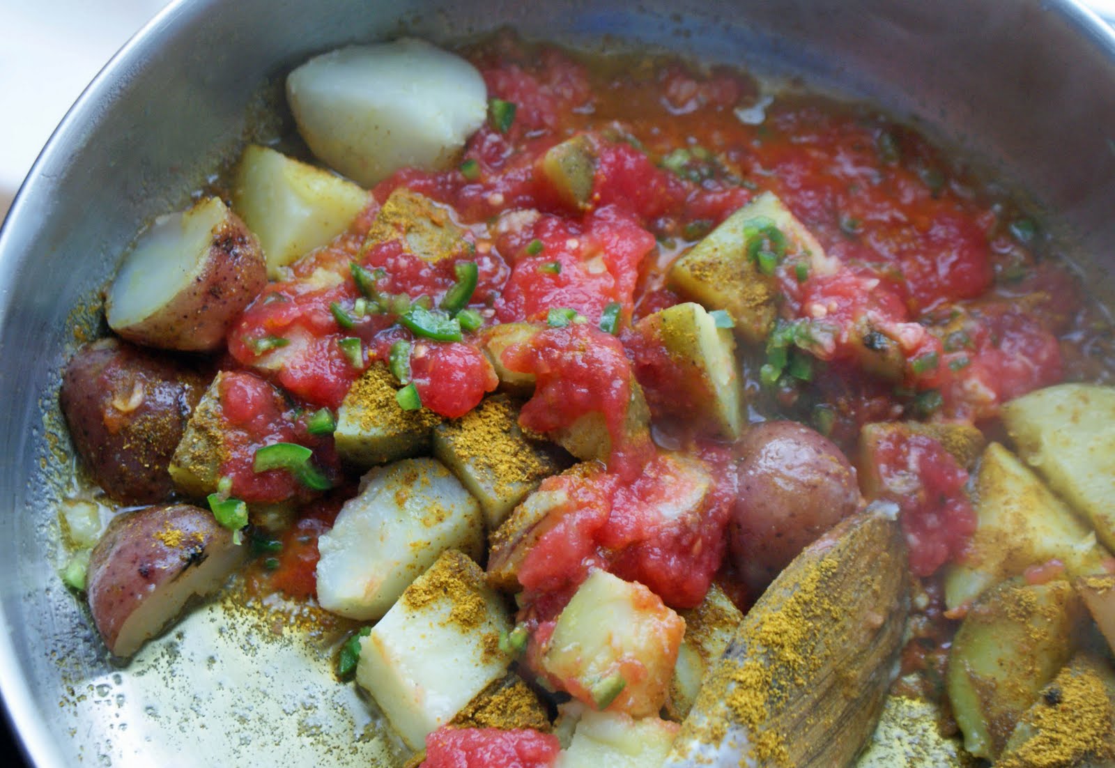Curried Potatoes with Crushed Tomatoes and Peas - Dinner With Julie