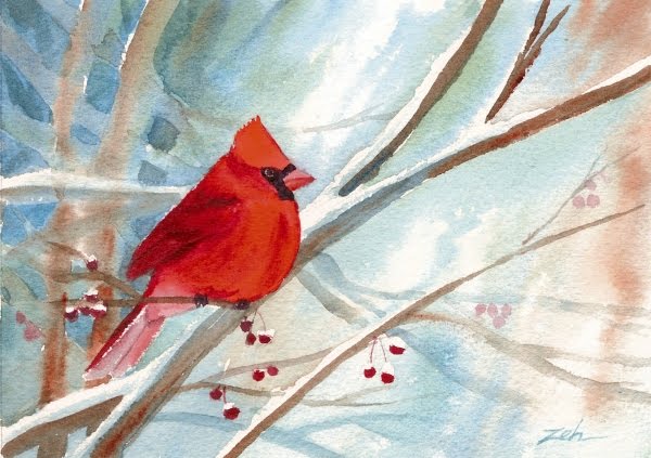 Zeh Original Art Blog Watercolor and Oil Paintings: Cardinal in Winter ...