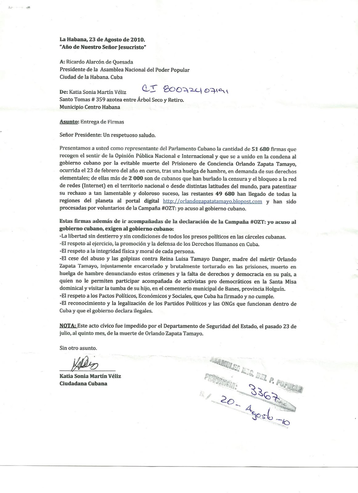 Orlando Zapata Tamayo: Acuse de recibo de la entrega de las firmas de # ...