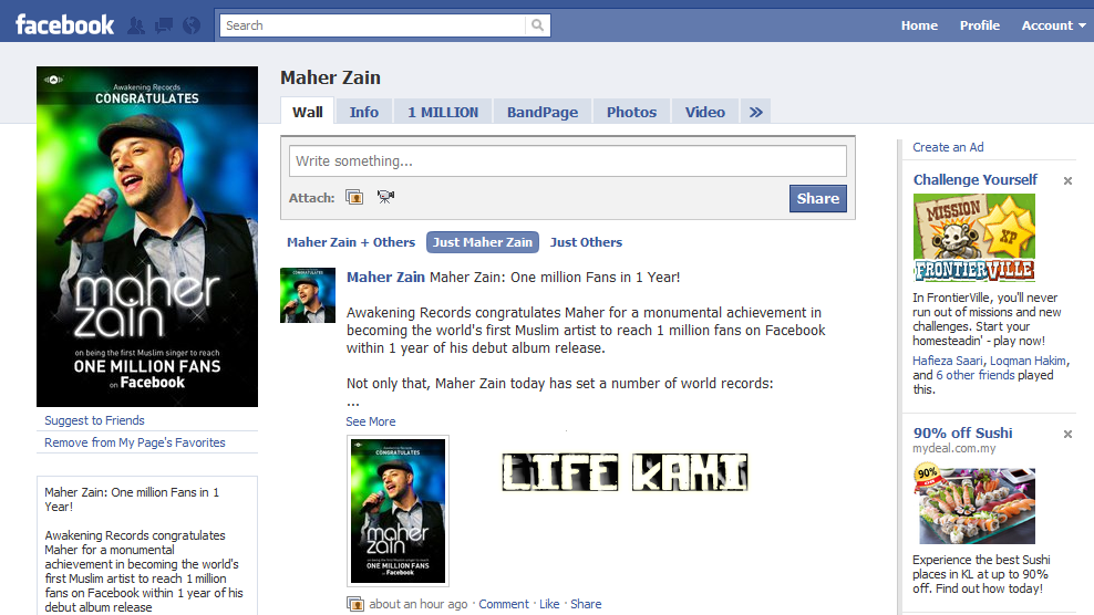 LiFe KaMi: Facebook Maher Zain Lebih Sejuta Fans