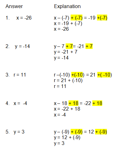 Room 43 Math 09: Review: Solving One Step Algebra Equations