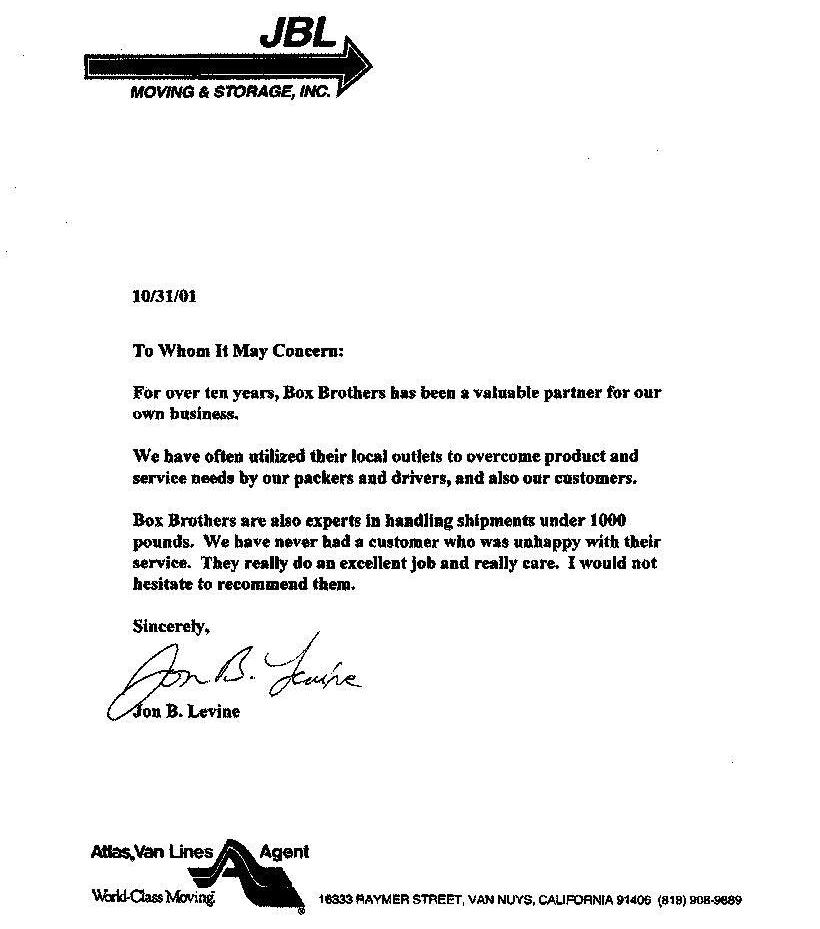 Box Brothers Corp.: J B L moving and Storage letter