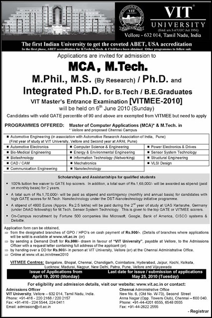 PhD and PDF Positions: VIT Master's Engineering Entrance Examination ...