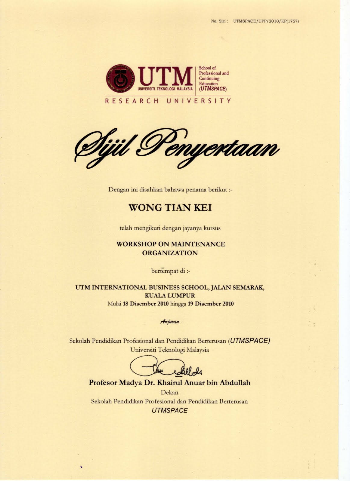 UTM SPACE Smart Partner in Maintenance Related Courses: Certificate Of ...