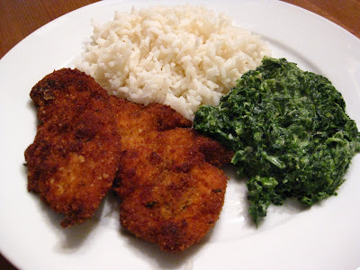 A Taste of Home Cooking: Breaded Chicken, Rice and Creamed Spinach