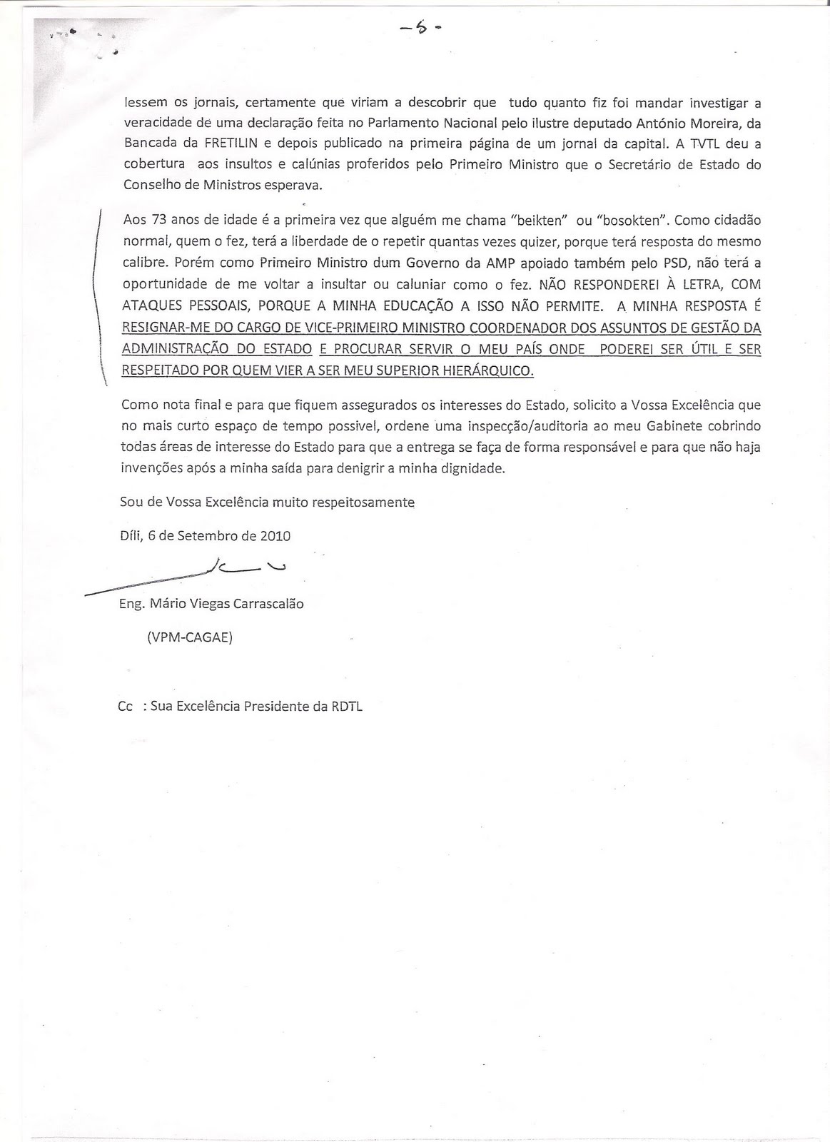 TEMPO SEMANAL: Surat Rezigna An: Husi Mario.