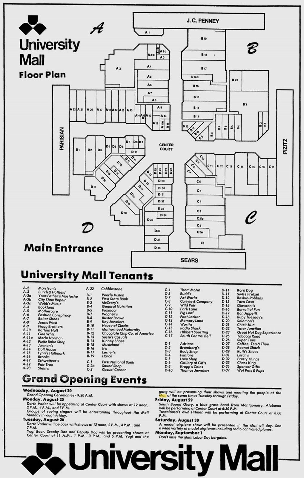 Sky City: Retail History: University Mall Opening Day 1980: Tuscaloosa, AL