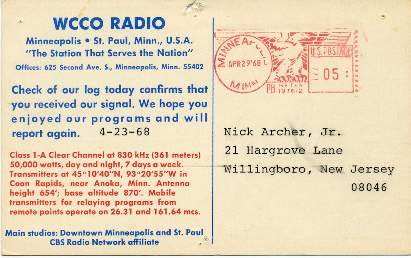 Nick's Radio Corner: WCCO Minneapolis St. Paul MN QSL Card