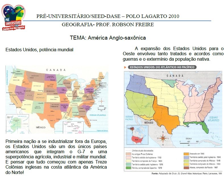 PRÉ UNIVERSITÁRIO - LAGARTO: Geografia: América Anglo-Saxônica