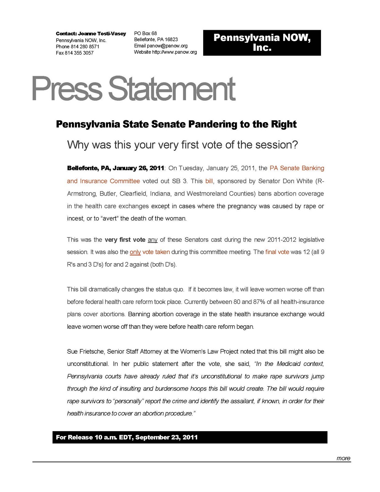 Pennsylvania NOW: Press Statement on PA Senate Banking and Insurance ...