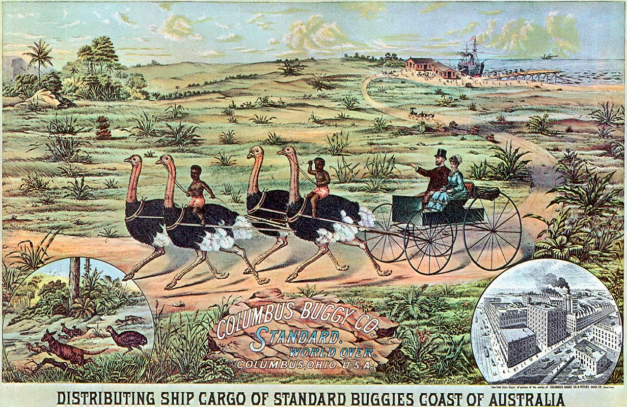 Vintage Ephemera: chromolithograph poster, Ostrich buggies, 1880