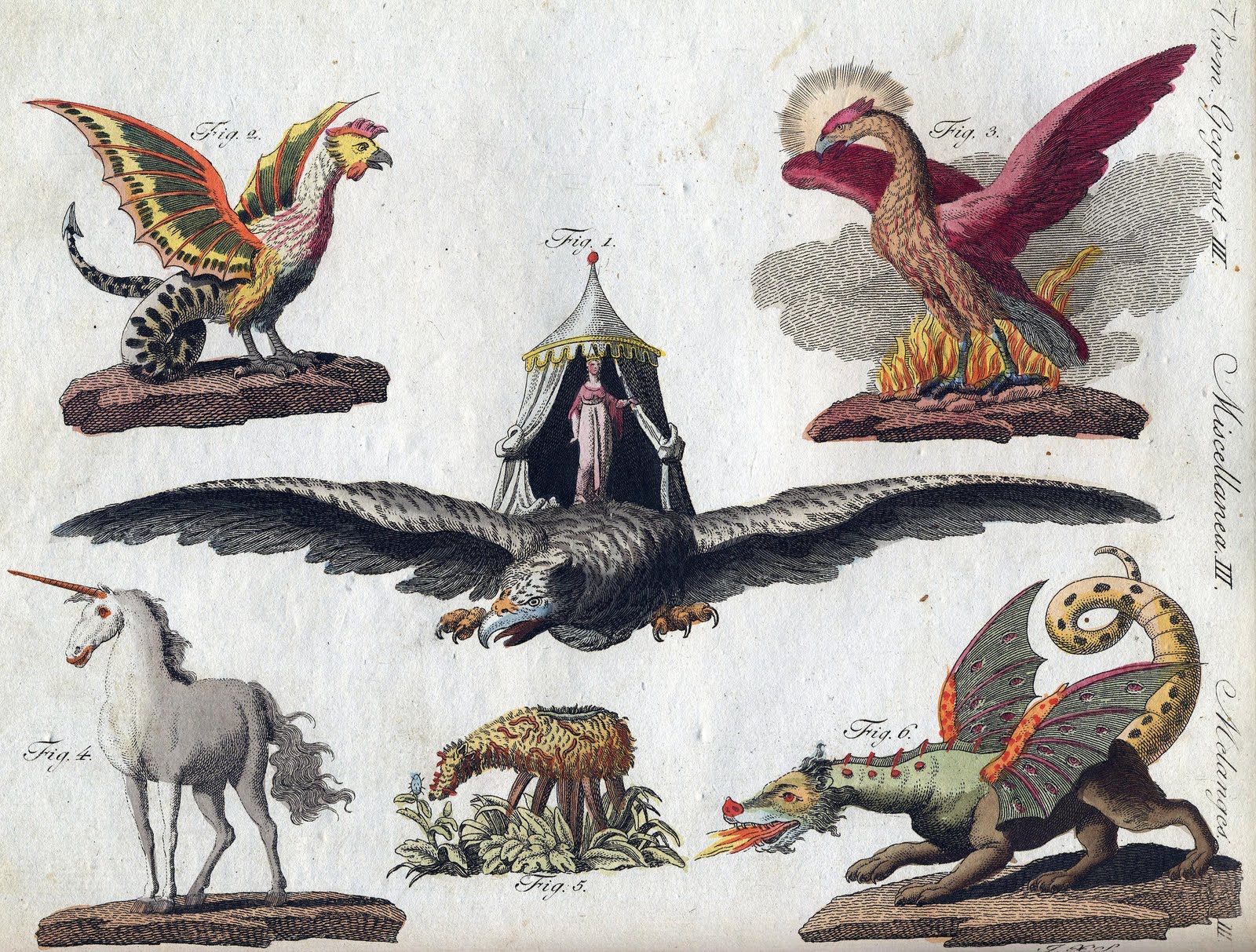 Vintage Ephemera: Hand-colored illustration, mythological creatures, 1806