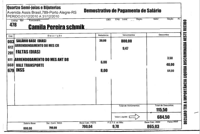 Quartzo: CONTRA-CHEQUES