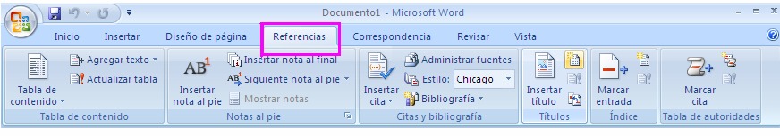 Menú Referencias de Word 2007