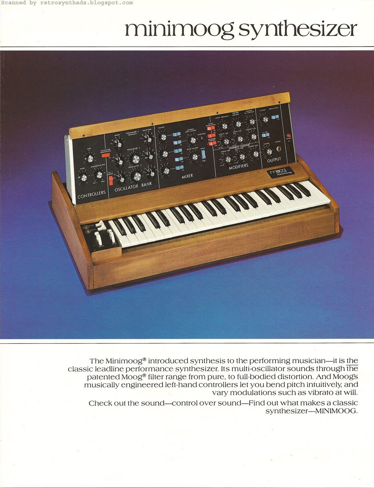 Retro Synth Ads: Moog Minimoog synthesizer reference sheet, 1980