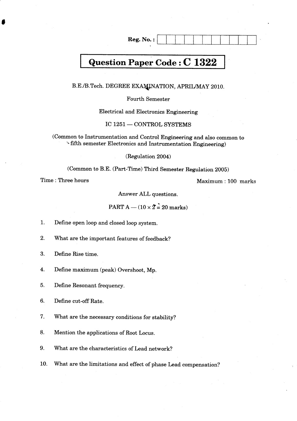 ANNA UNIVERSITY QUESTION BANK: CONTROL SYSTEMS