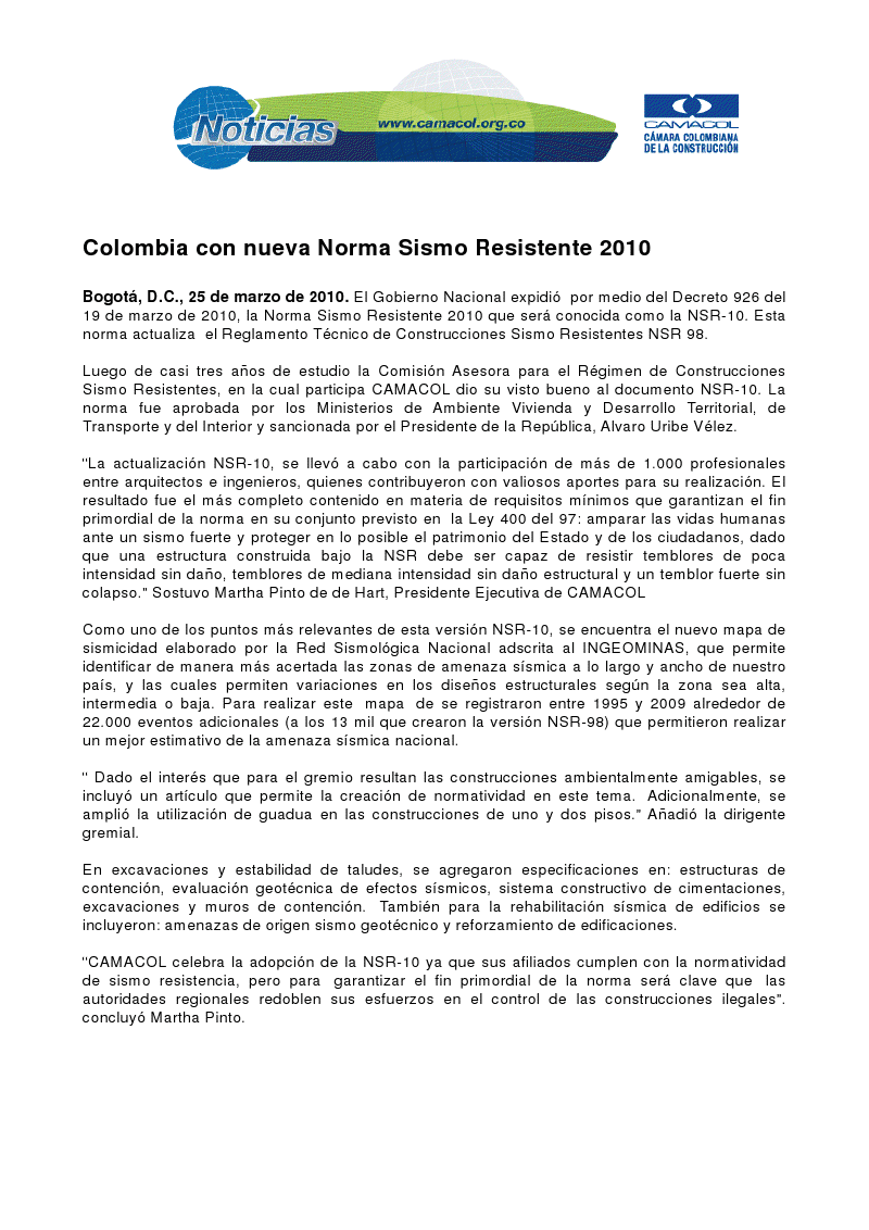 EMPRENDIMIENTO: COLOMBIA CON NUEVA NORMA SISMO RESISTENTE 2010