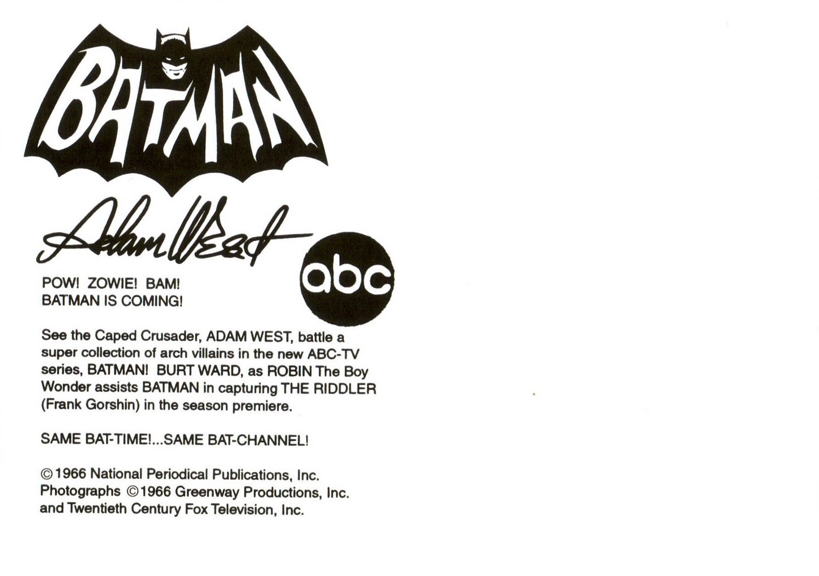 1966 BATMAN TV SHOW VINTAGE-STYLE POSTCARD FOR SALE!