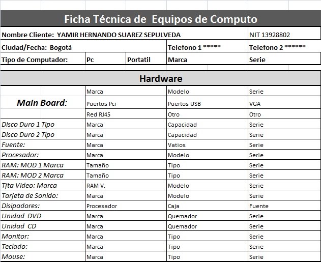 partes de computador: FICHA TECNICA PARA COMPUTADORES