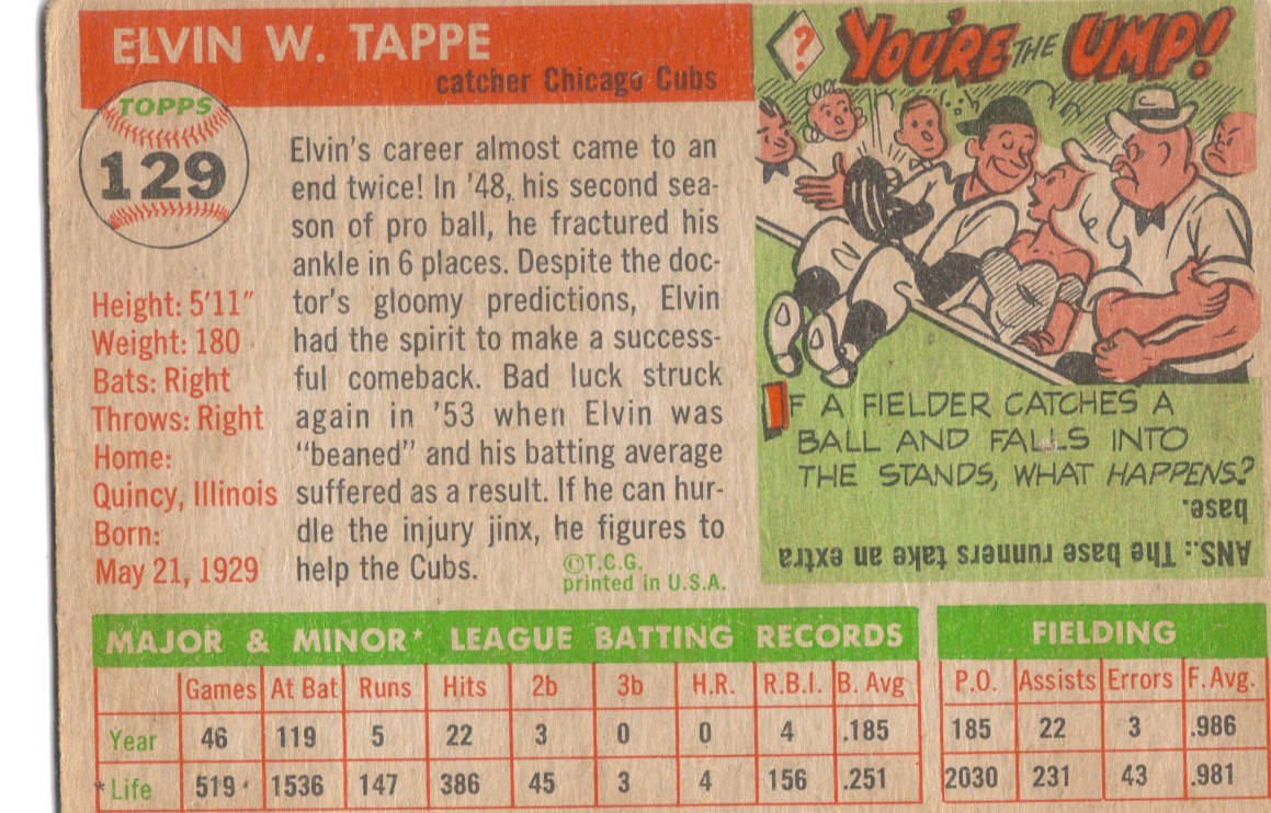 foul bunt: 1955 Topps #129 - Elvin Tappe
