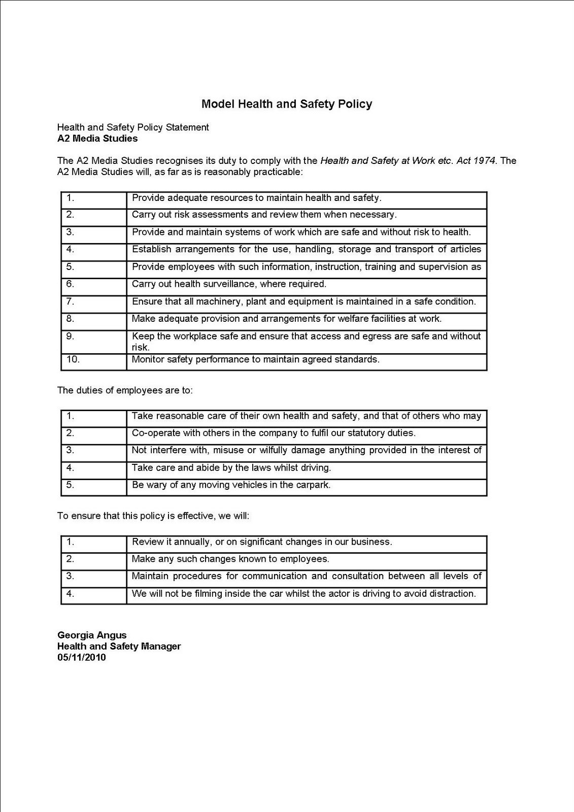 Stacey Mole A2 Media Studies: Health & Safety Assessment