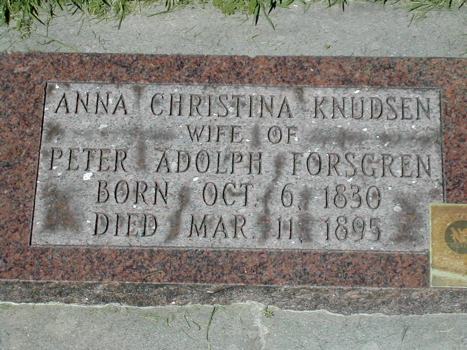 Forsgren, Peter Adolph & Descendants: WIFE #1 - Anna Christine Knudson