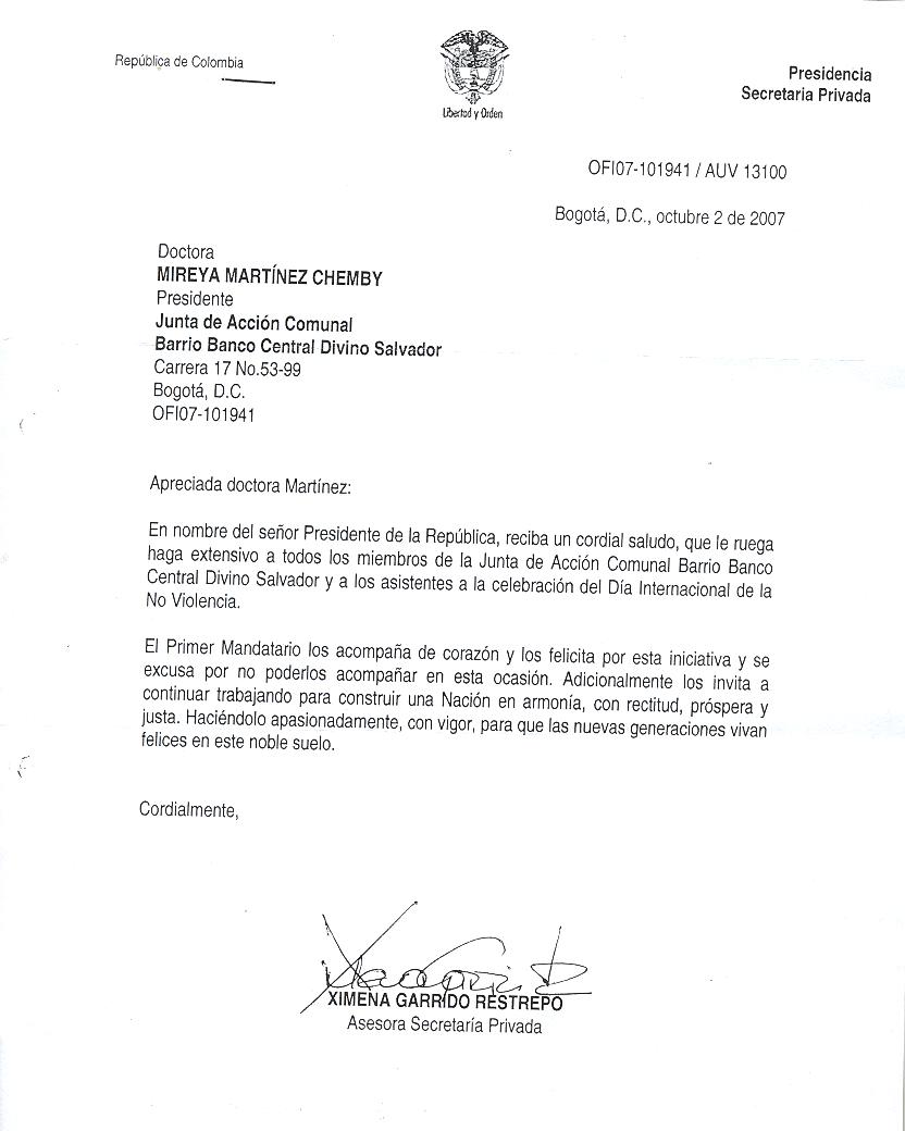 1: CARTA AL PRESIDENTE DE LA REPÙBLICA DE COLOMBIA, ENTREGADA AL HIJO ...