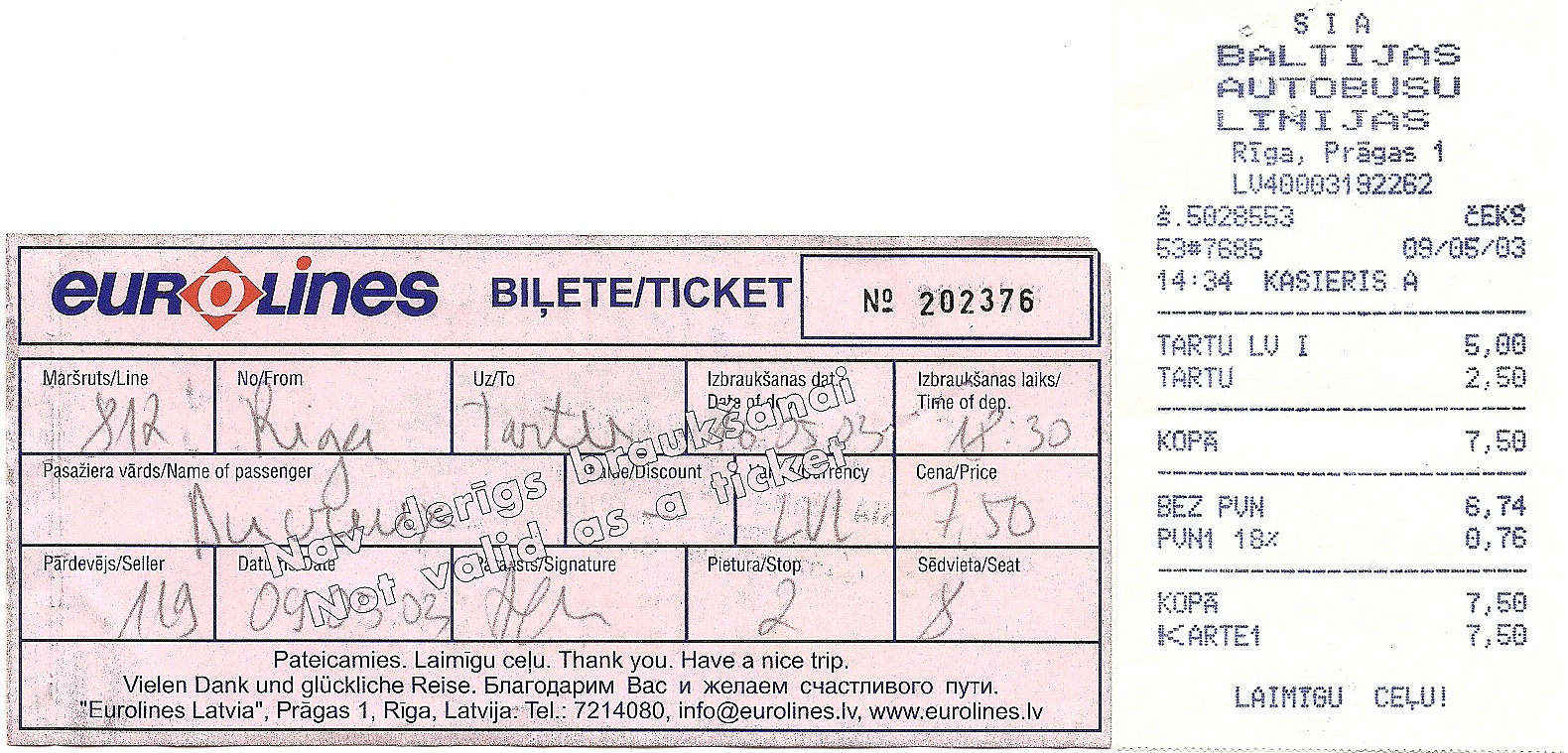 The traveler's drawer: EUROLINES. Bus ticket from Riga to Tartu (2003)