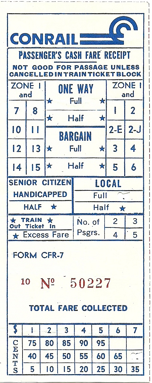 The traveler's drawer: CONRAIL. Passenger's cash fare receipt
