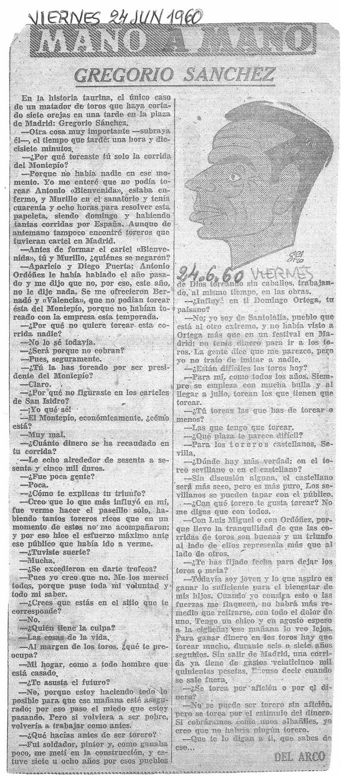 Blog homenaje a Manuel del Arco: Gregorio Sánchez - 24 Junio 1960